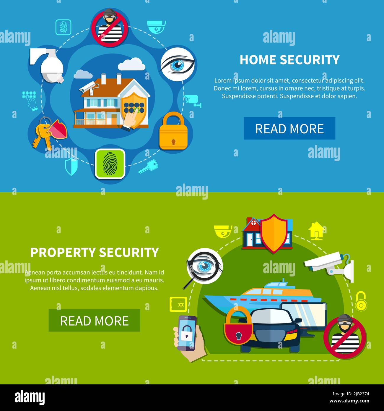 Security horizontal banners set with home and property security symbols ...