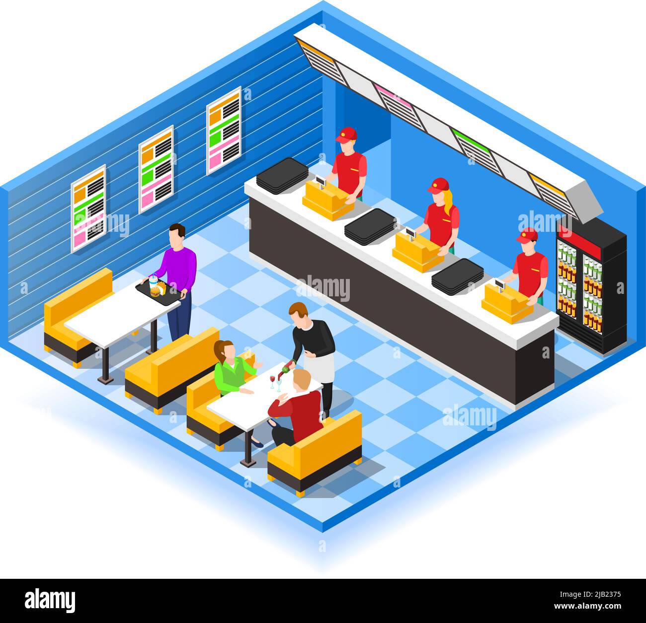 Fast food restaurant isometric design concept with cashiers in red ...