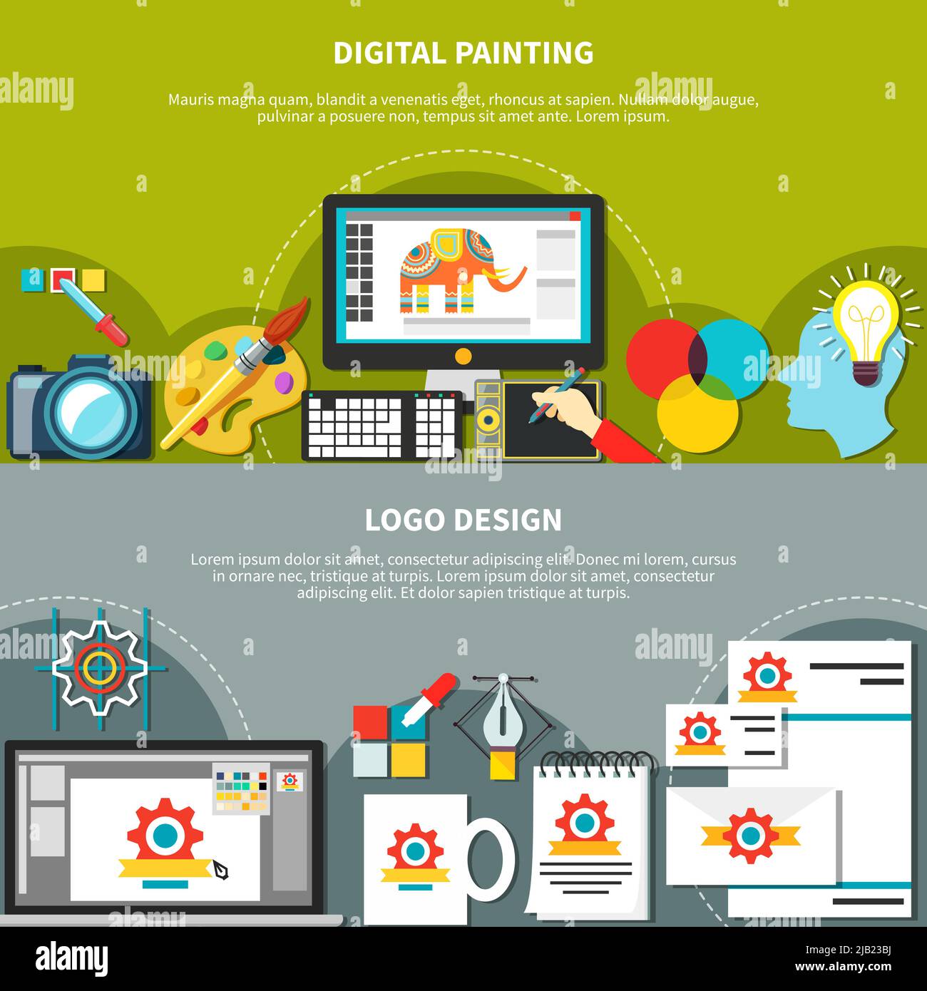 Two horizontal designer tools composition set with digital painting and ...