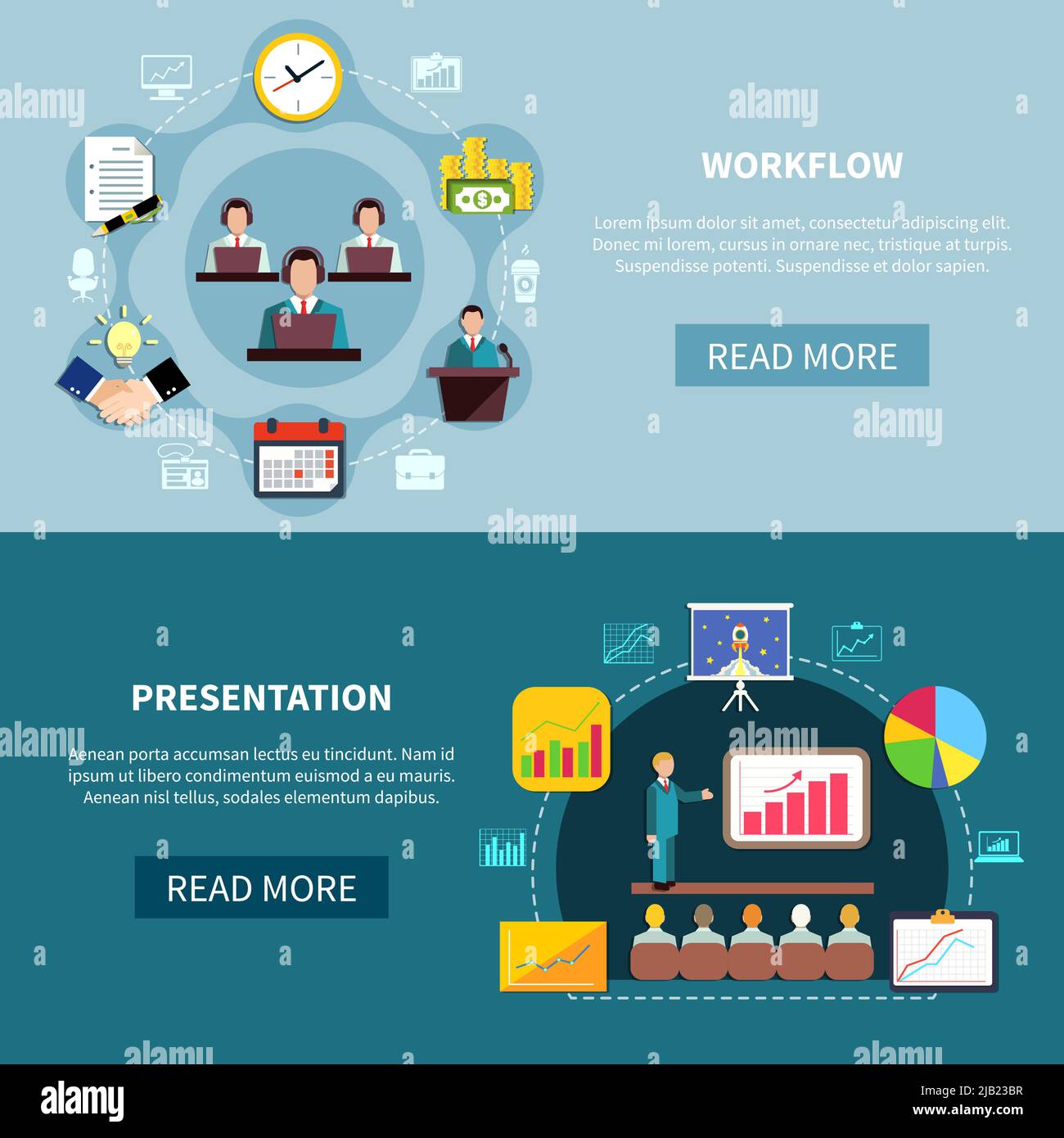 Set of two business workflow horizontal banners with round compositions ...