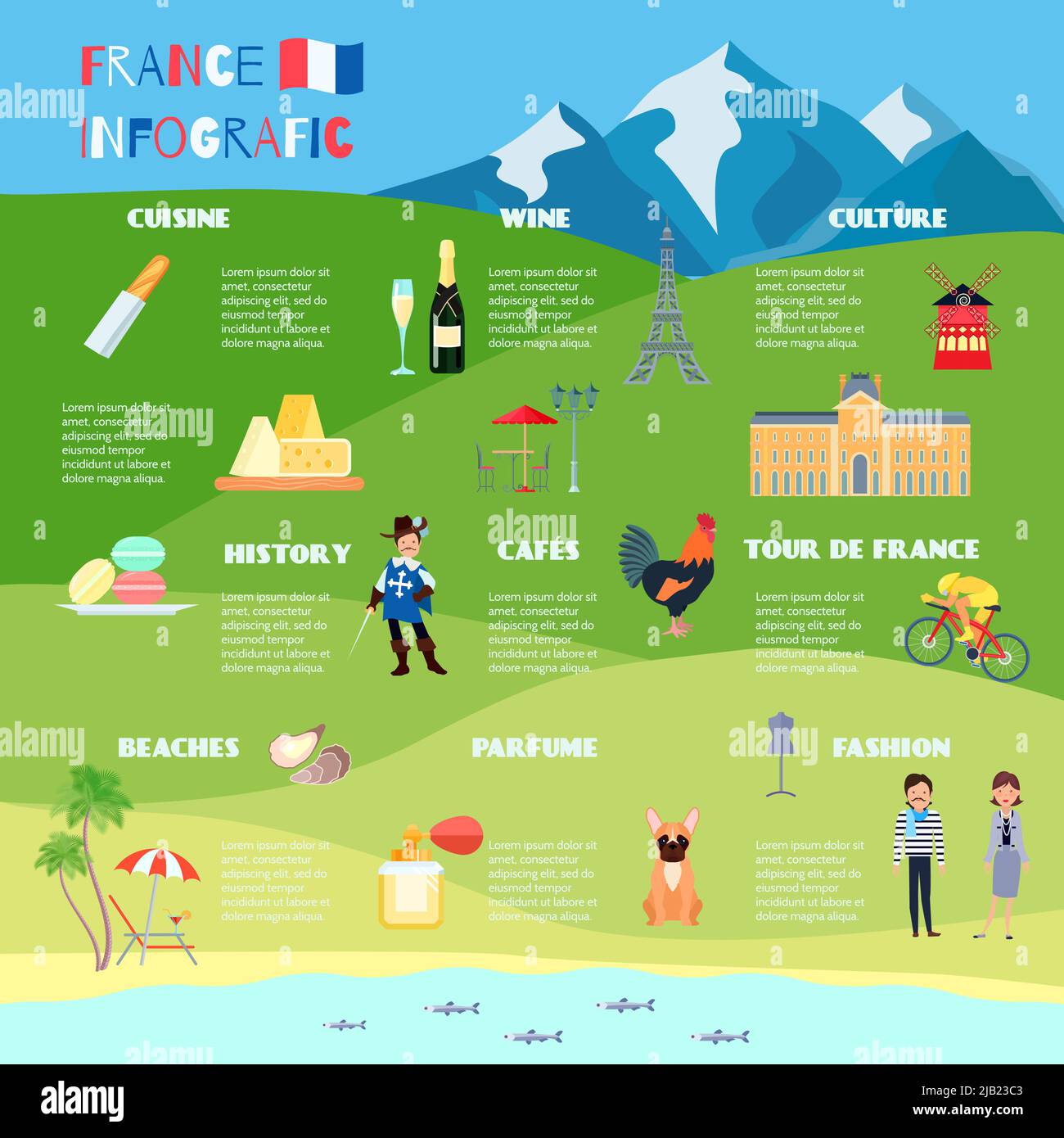 France infographic set with cuisine wine and resort symbols flat vector ...