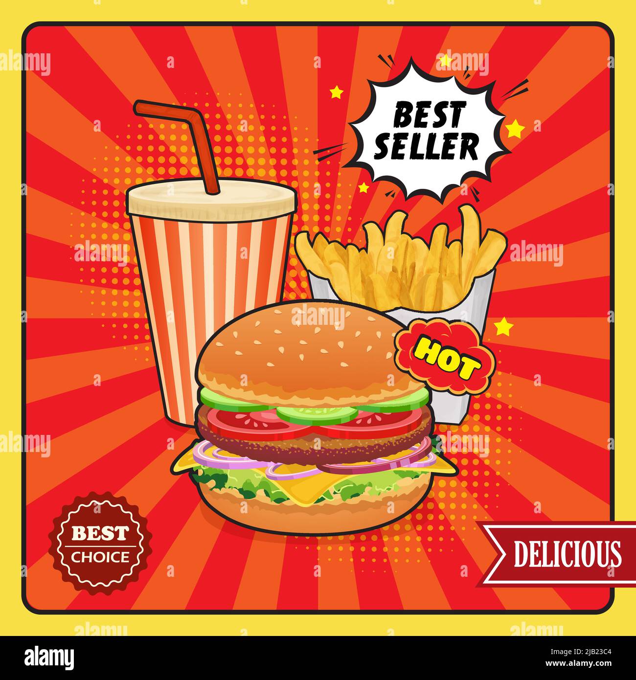 Fast food comic style poster with burger drink fries potato on red pop ...
