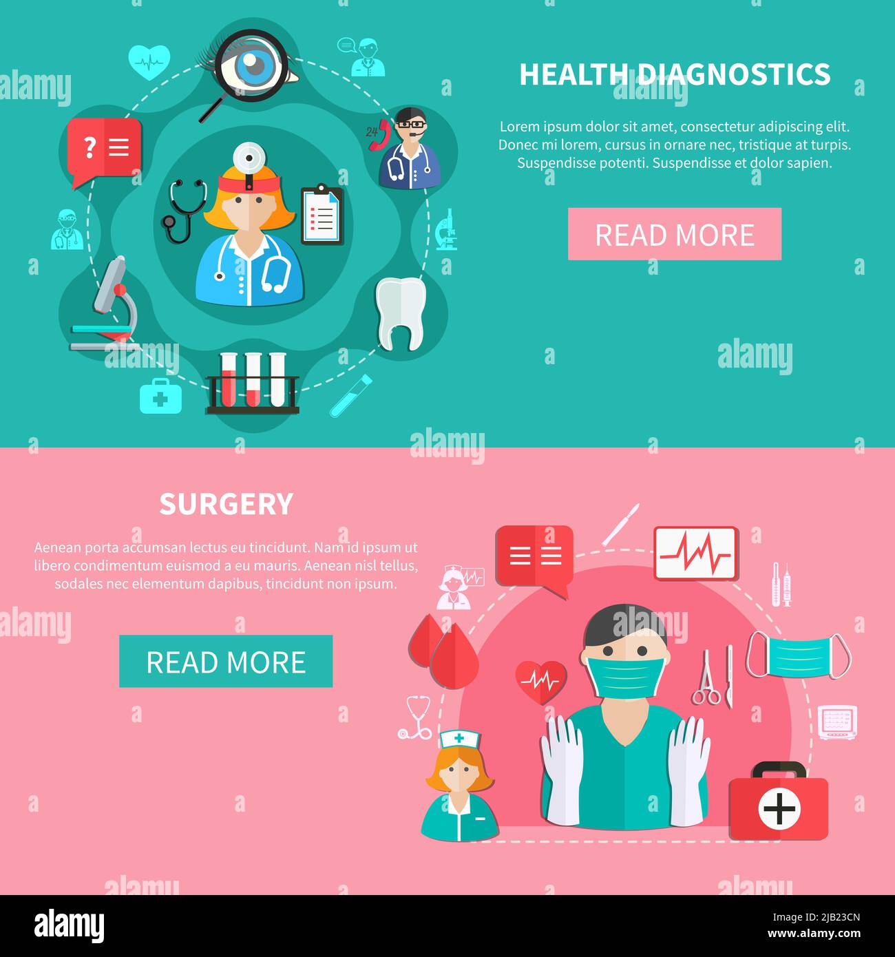 Medicine horizontal flat banners with health diagnostics and surgery on ...