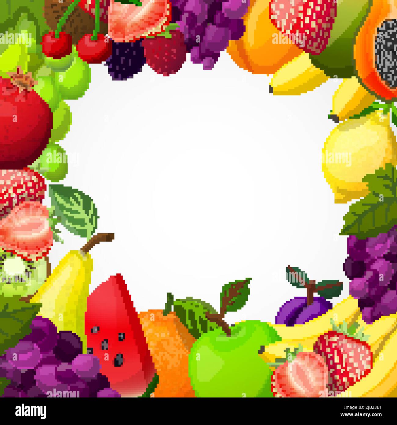 Fruits frame template with papaya pear grape apple kiwi plum lemon ...