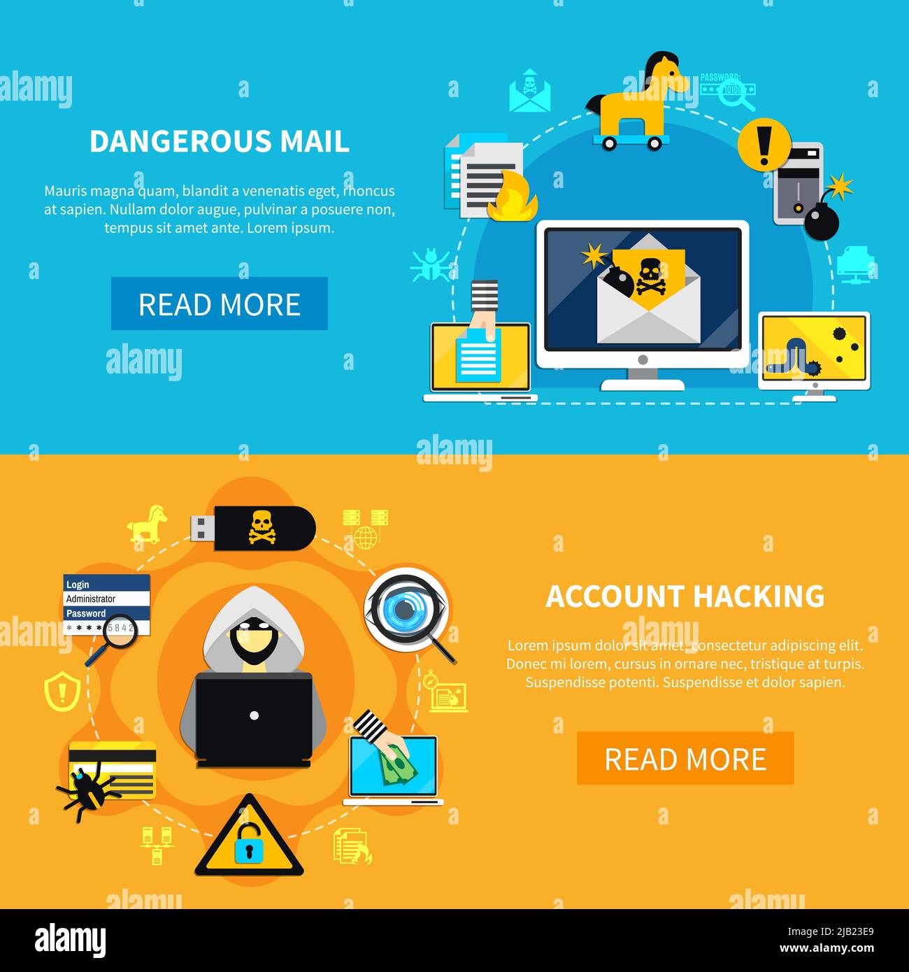 Hacking flat horizontal banners with dangerous mail and account hacking ...
