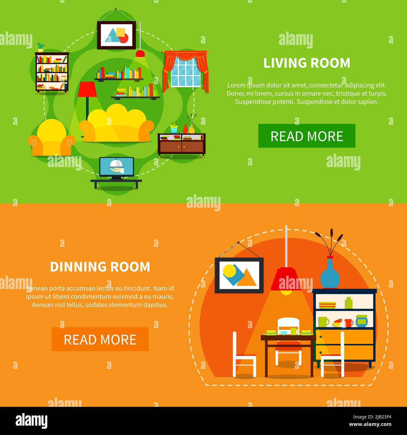 Interior design horizontal banners set with living and dining room flat ...