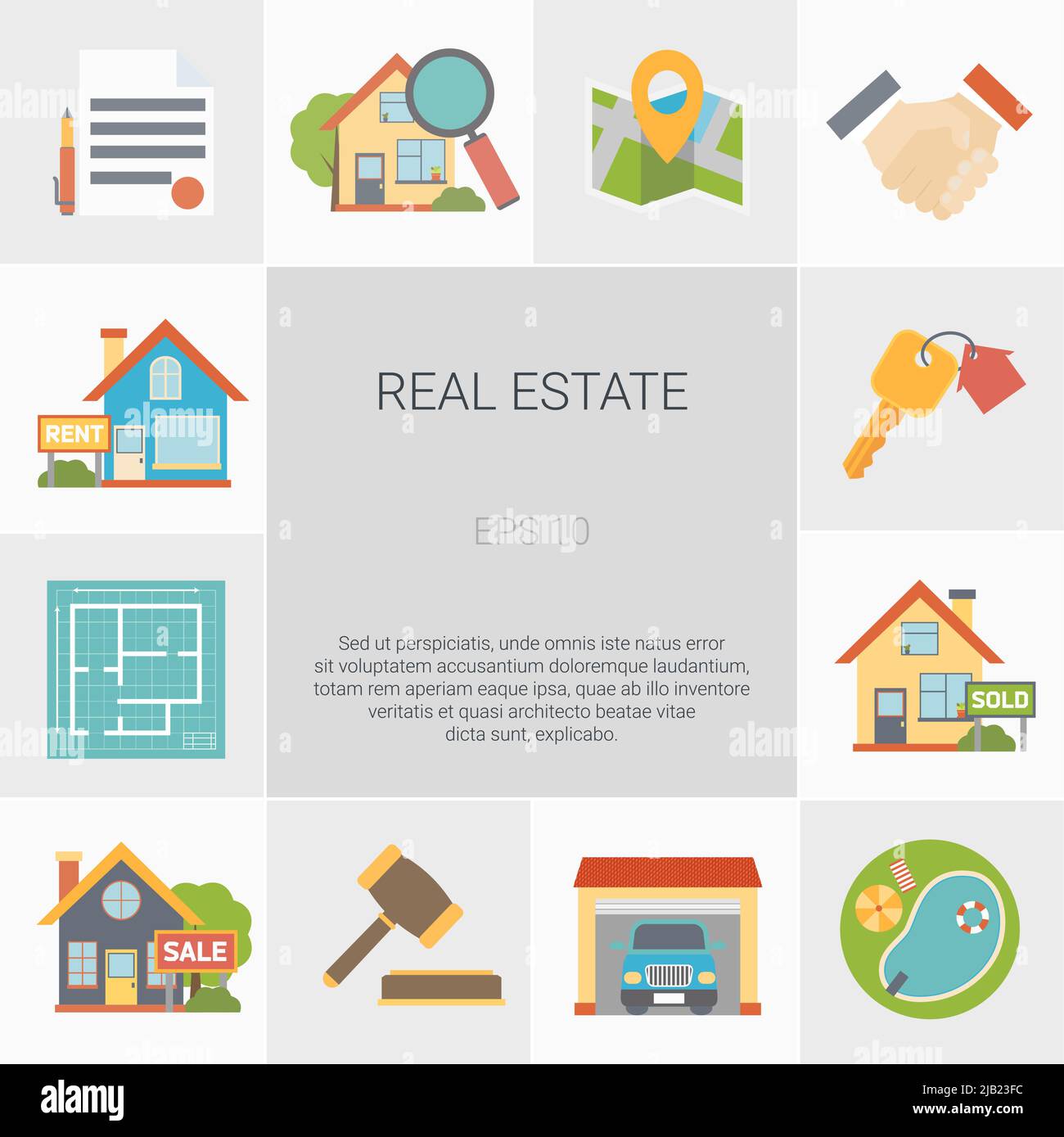 Real estate square icons set with house symbols flat isolated vector ...
