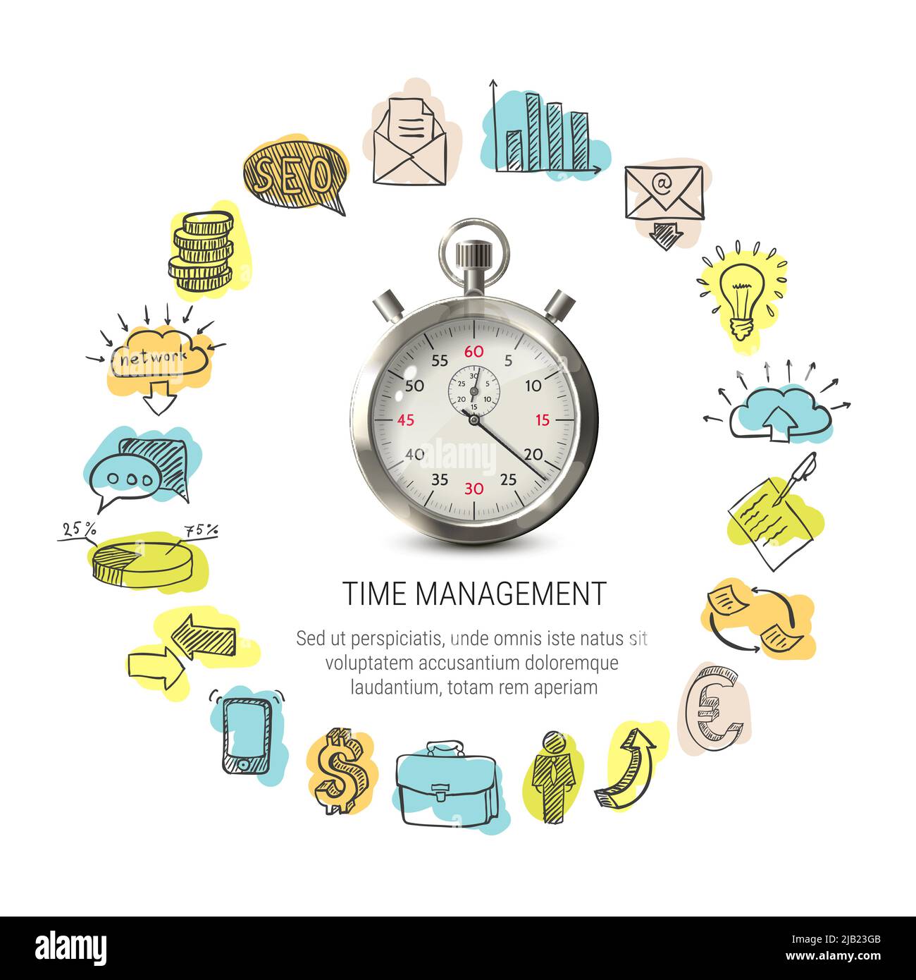 Time management round design with hand drawn business icons 3d ...