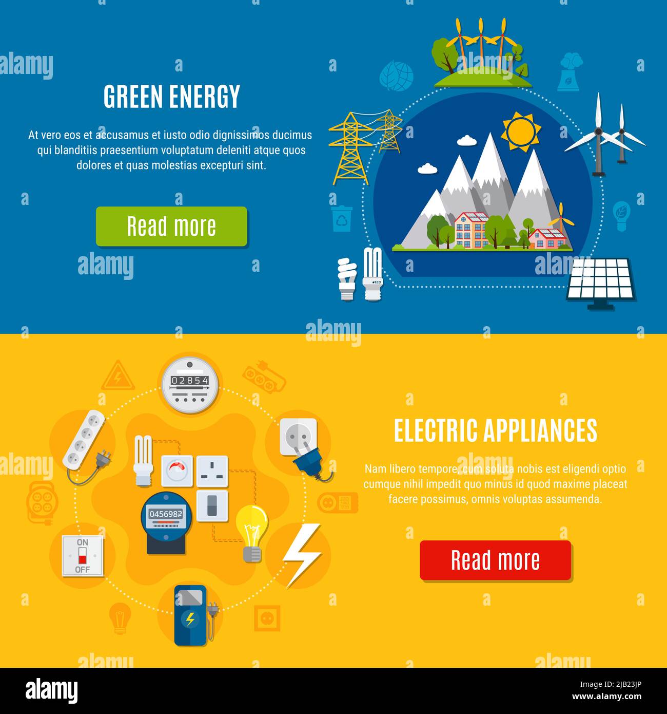 Horizontal flat banners with green energy and electric appliances on ...