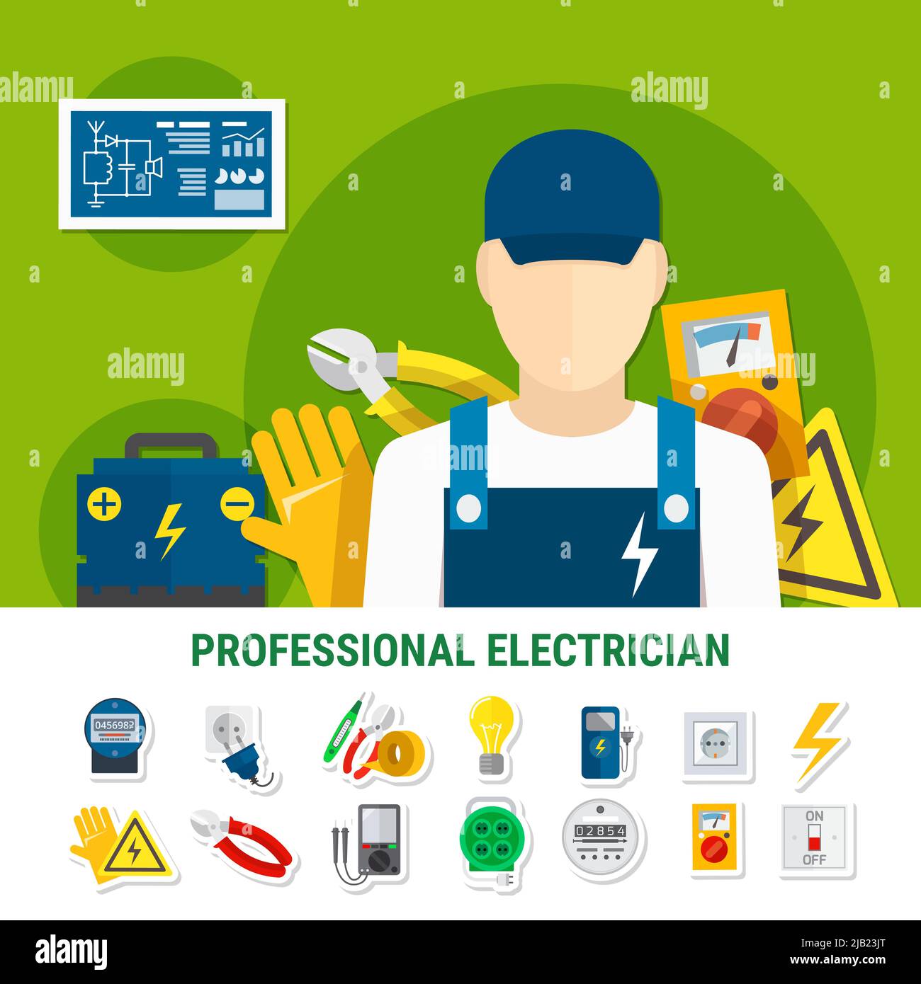 Electrician flat icons set with work tools, bulb, plug socket, gauge ...