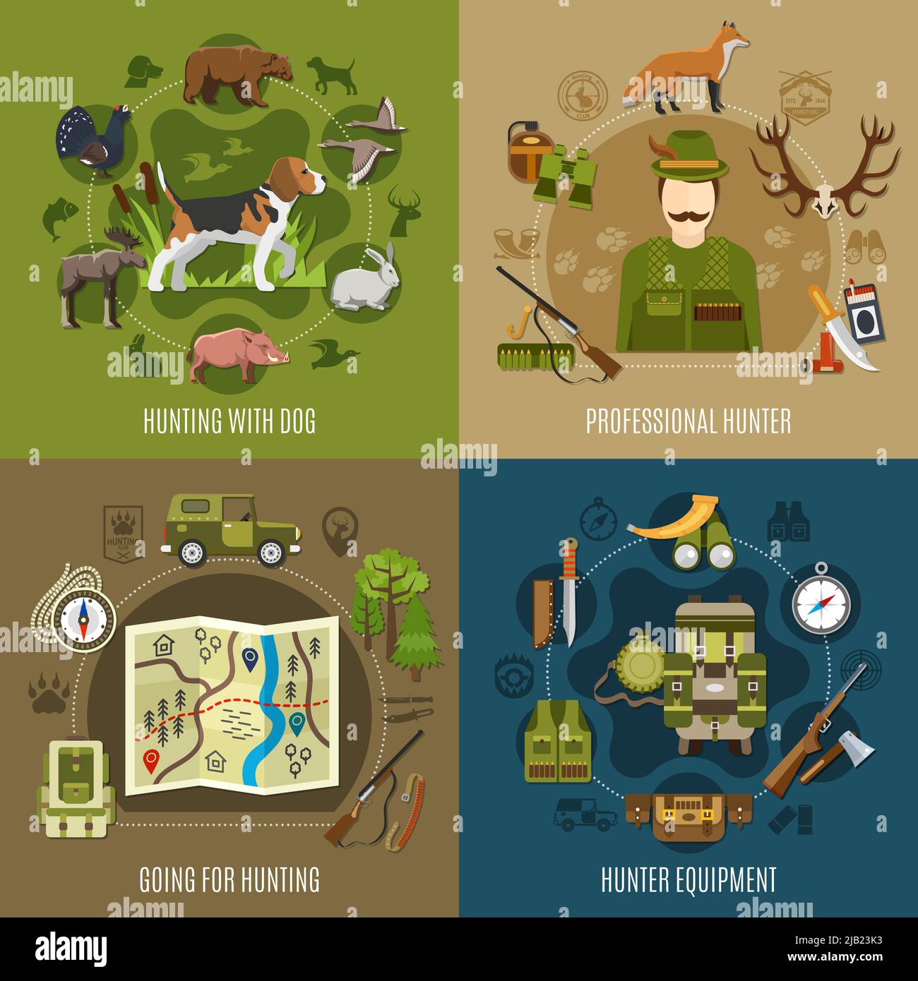 Hunting concept icons set with equipment symbols flat isolated vector ...
