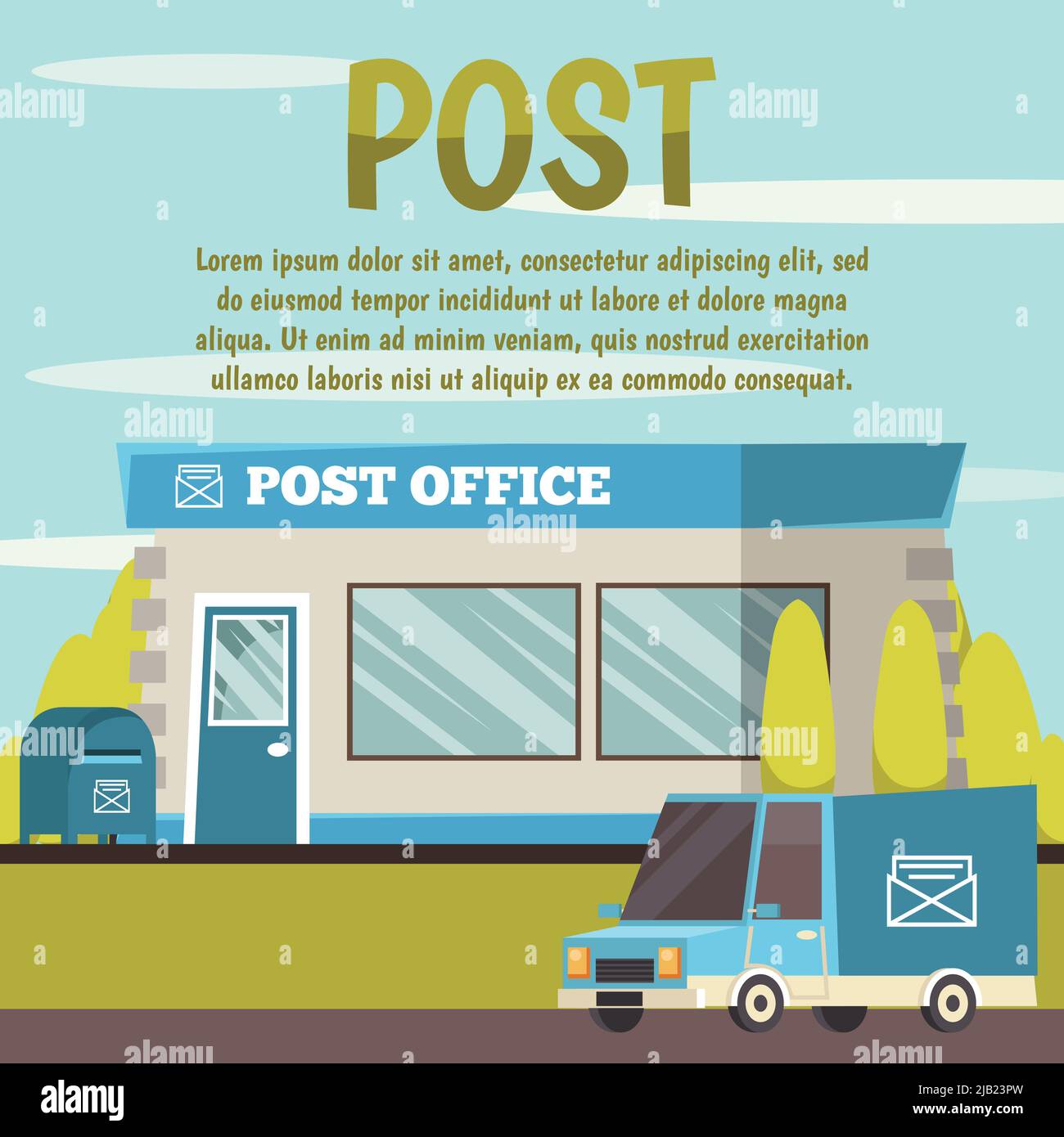 Orthogonal municipal buildings background with post office and text ...