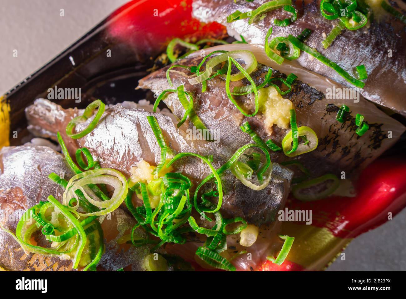 Horse Mackerel Sushi (Aji Sushi) with green onions & grated ginger ...
