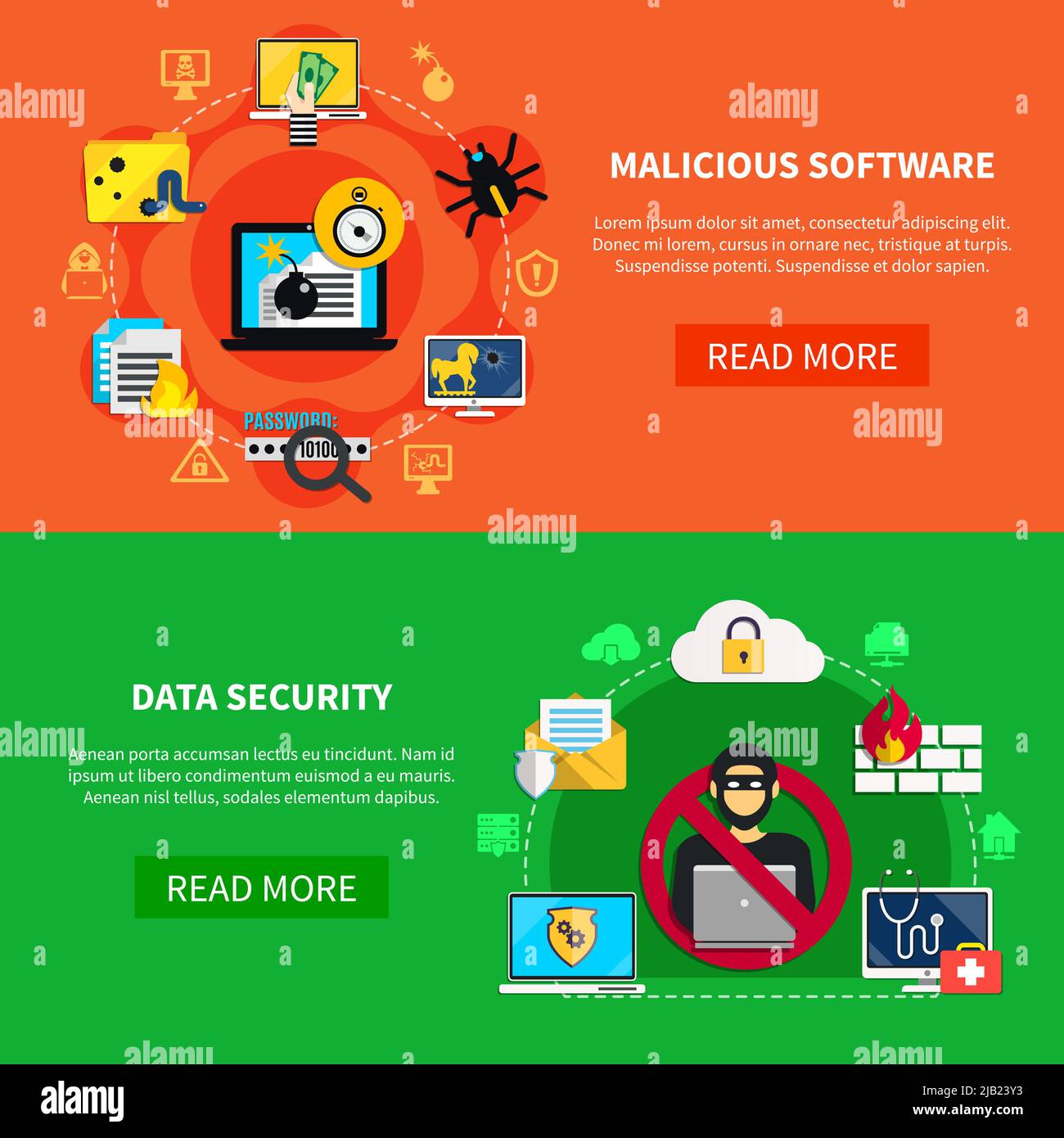 Hacking flat horizontal banners set with malicious software and data security decorative icons ...