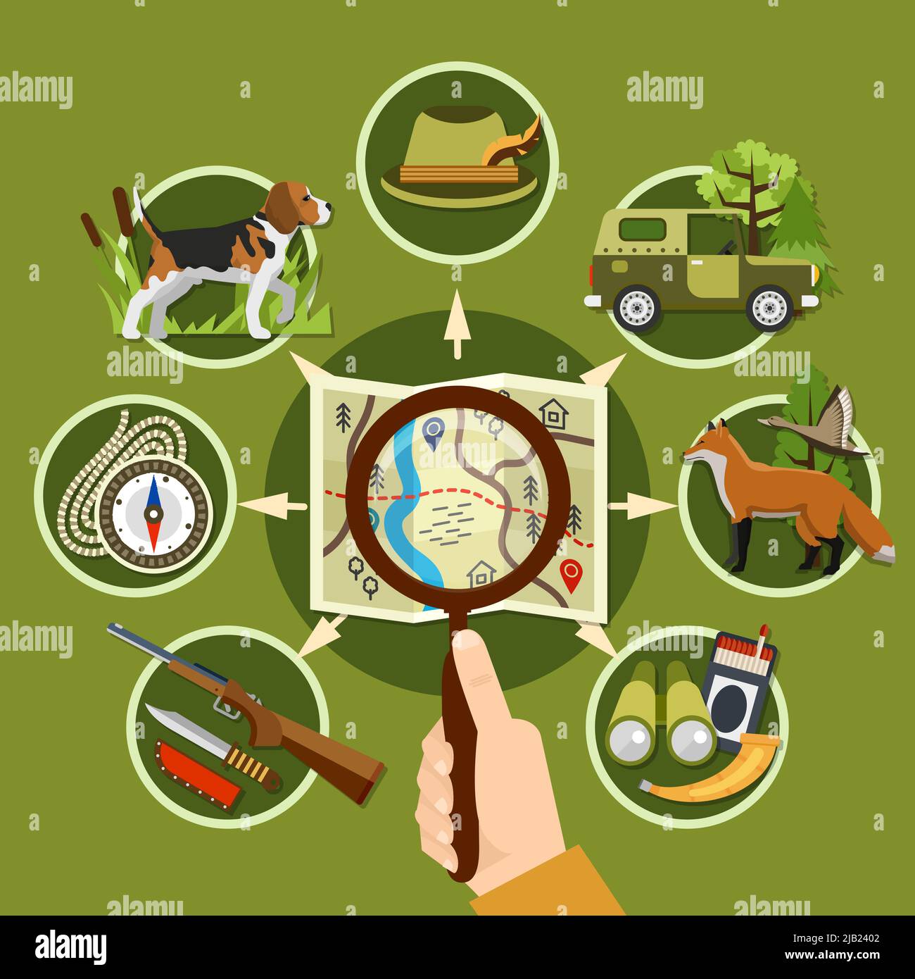 Professional hunter and equipment concept with animals rifle and ...