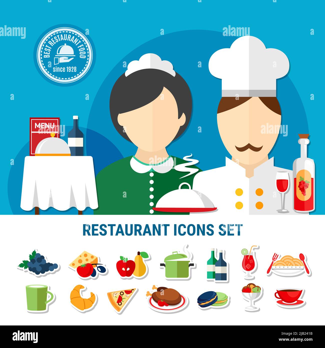 Various restaurant dishes staff and cutlery icons set flat isolated ...