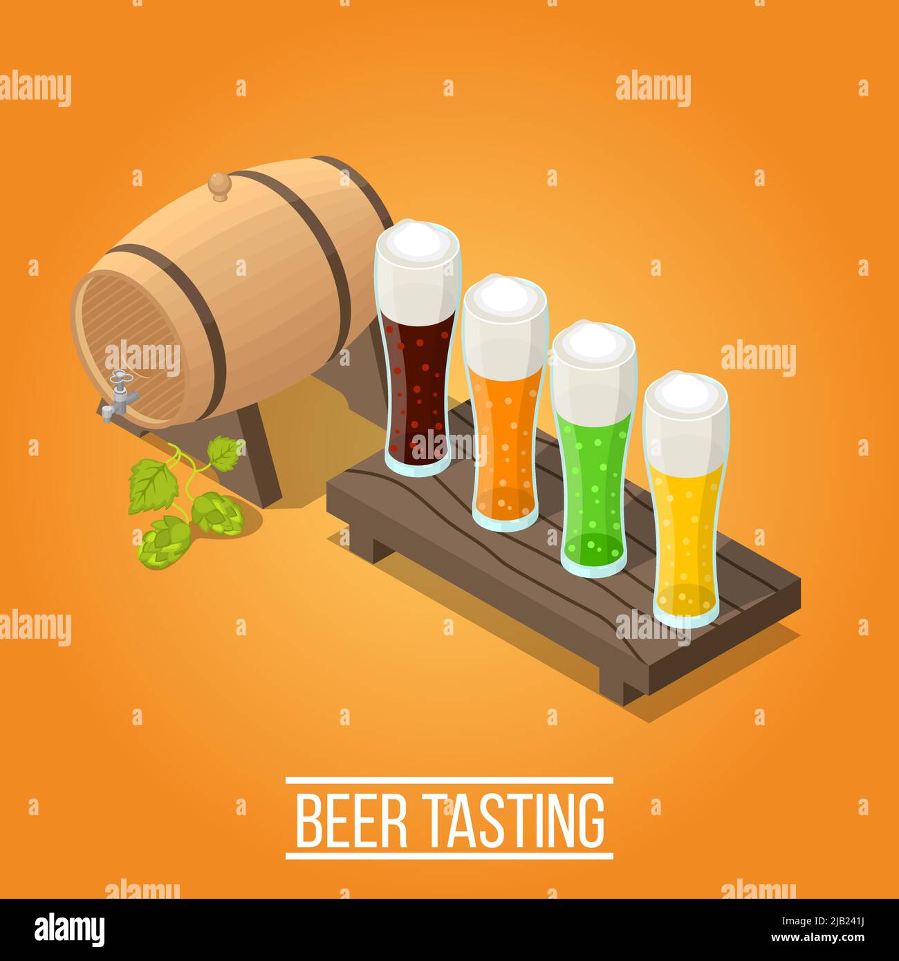 Isometric bright orange brewery background with wooden barrel and ...