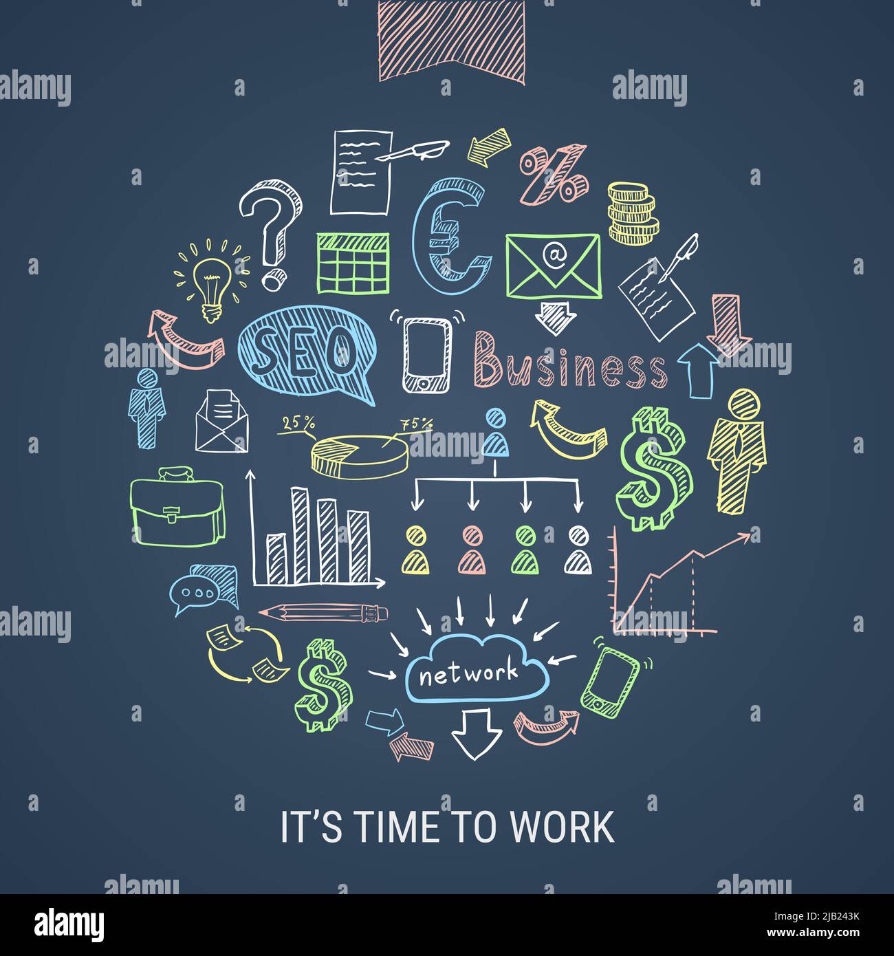 Time to work hand drawn colorful business icons in round shape on dark ...