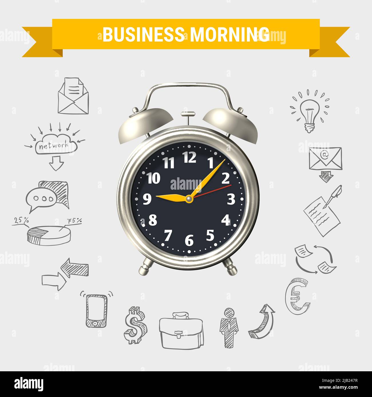 Business morning round composition with yellow ribbon 3d alarm clock ...