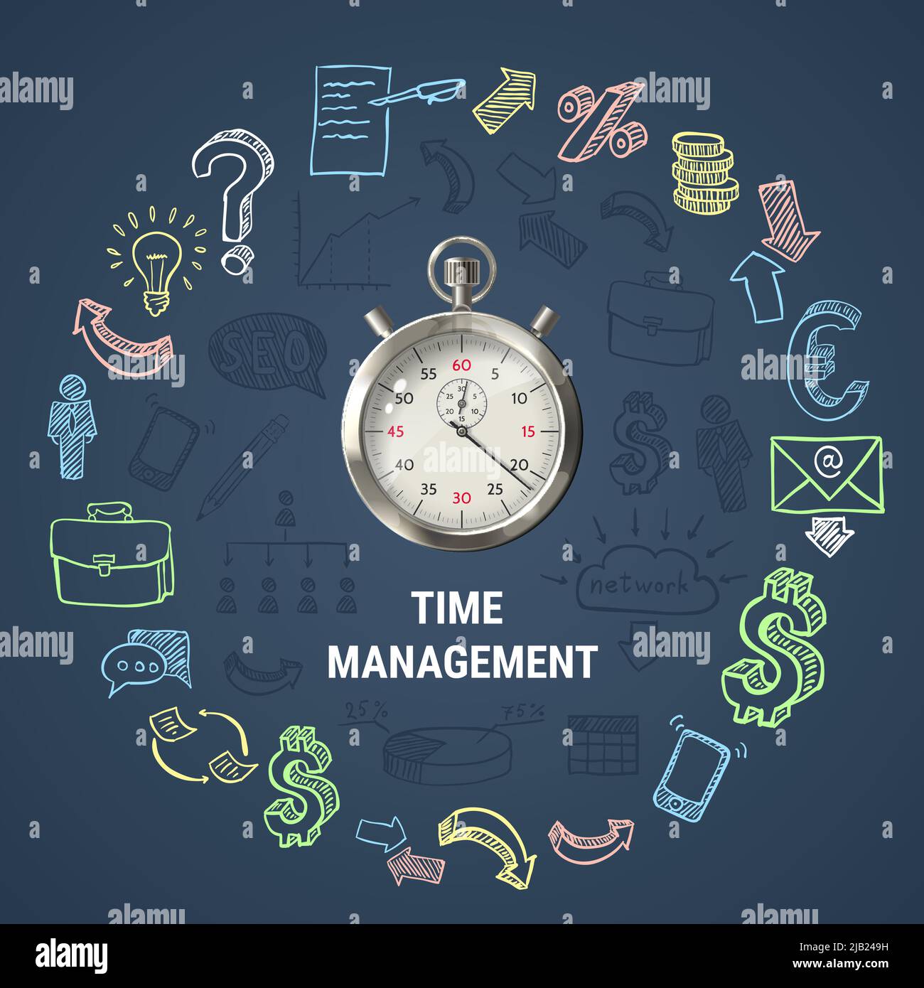 Time management round composition with 3d stopwatch, hand drawn ...