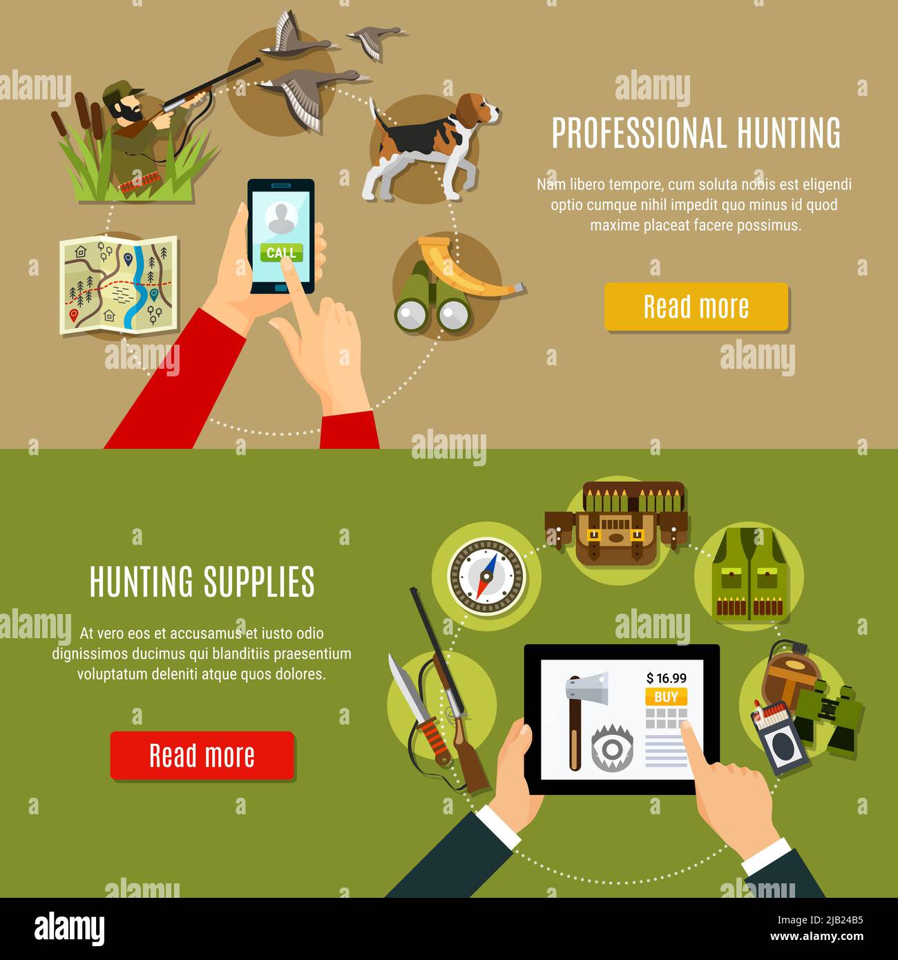 Hunting shop horizontal banners set with supplies symbols flat isolated ...