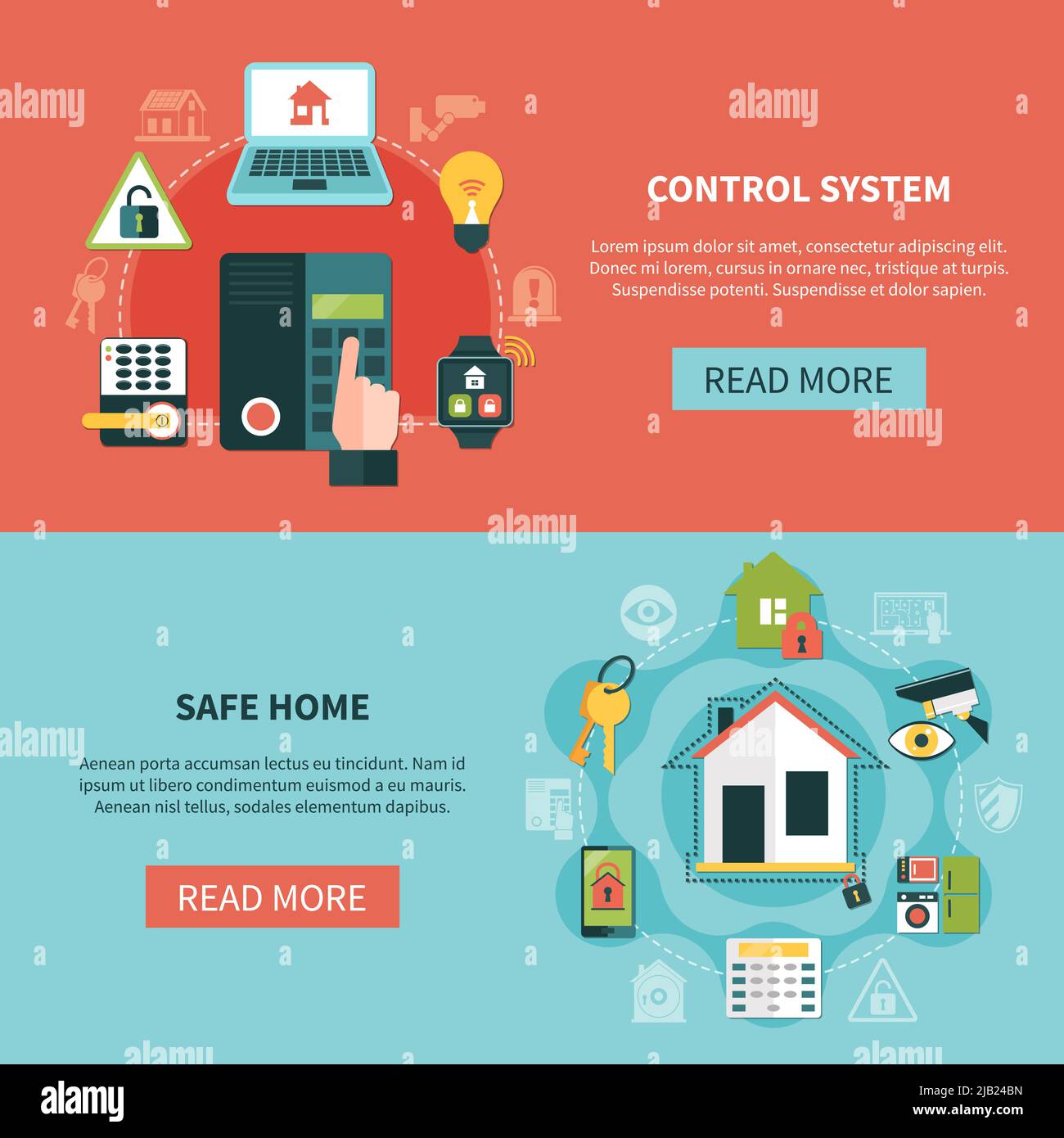 Set of flat horizontal banners with safe home and control system at ...