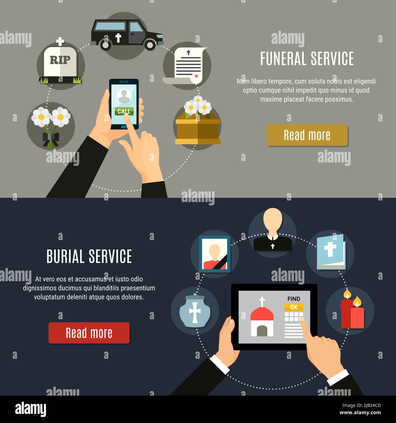 Funeral services horizontal banners set with burial symbols flat ...