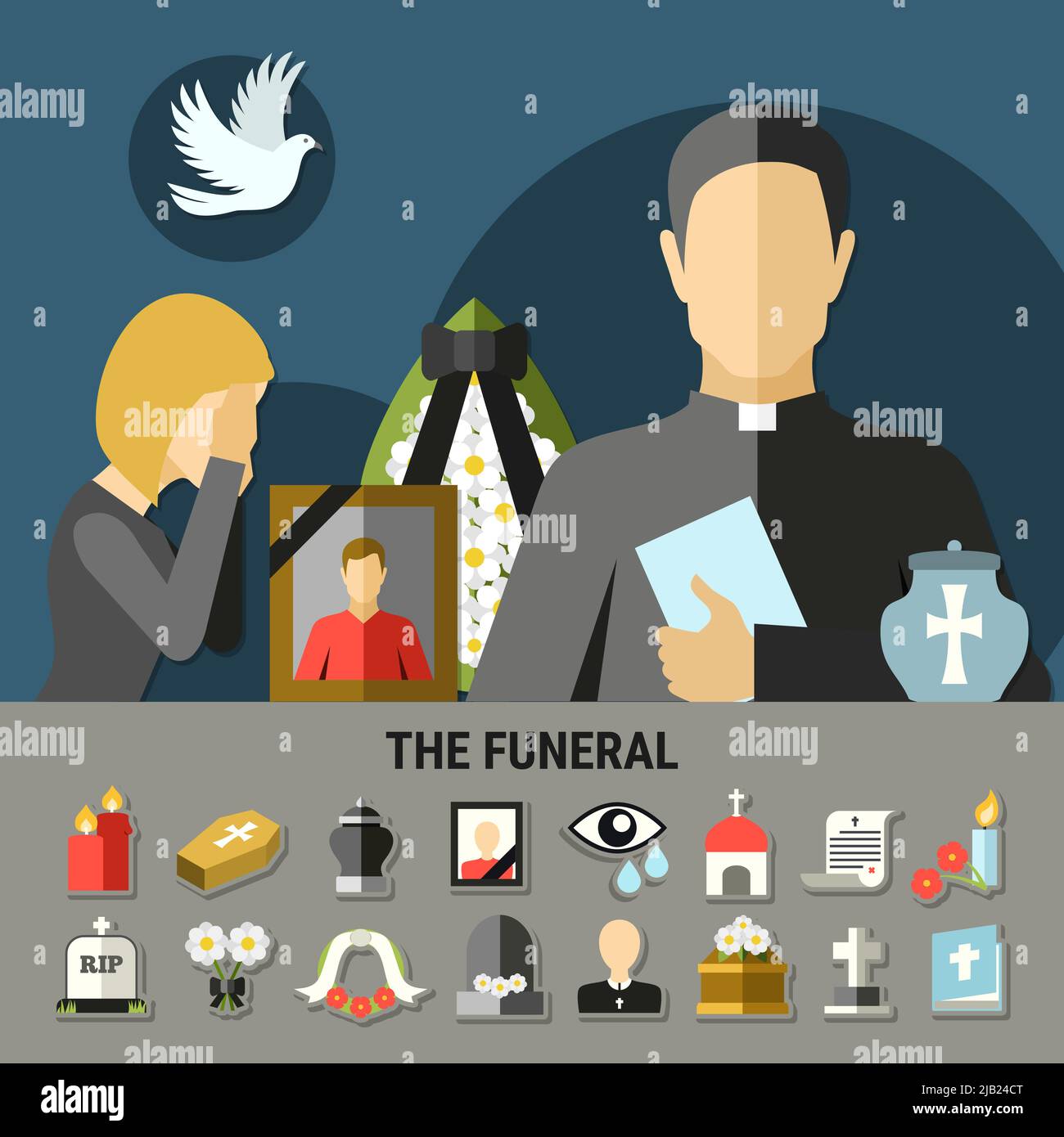 Funeral and mourning composition with wreath tomb and priest flat ...