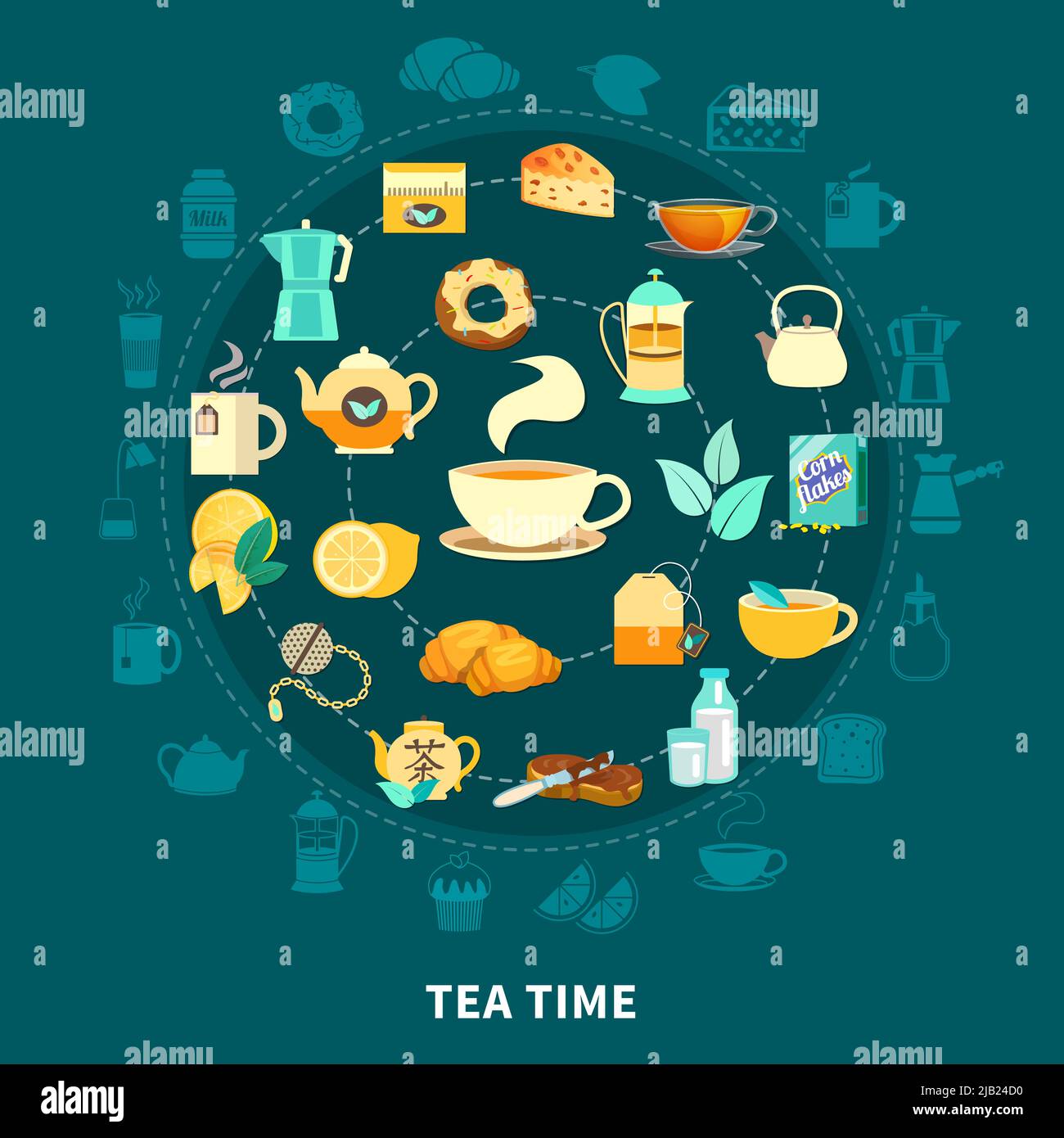 Tea time round composition with hot drink, cups, teapots, milk, pastry on dark blue background ...