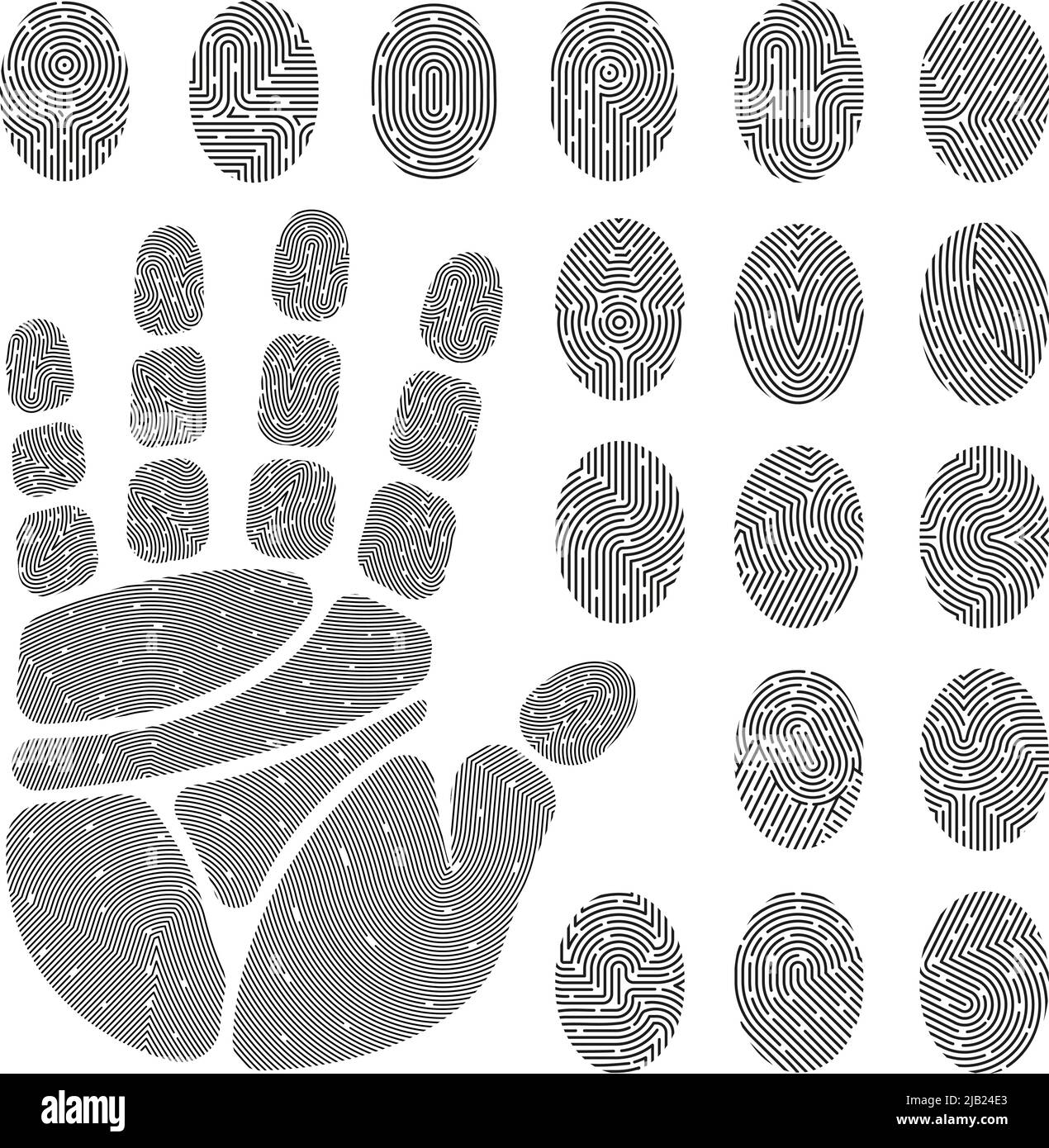 Set of black white prints of fingers and palm with unique details ...