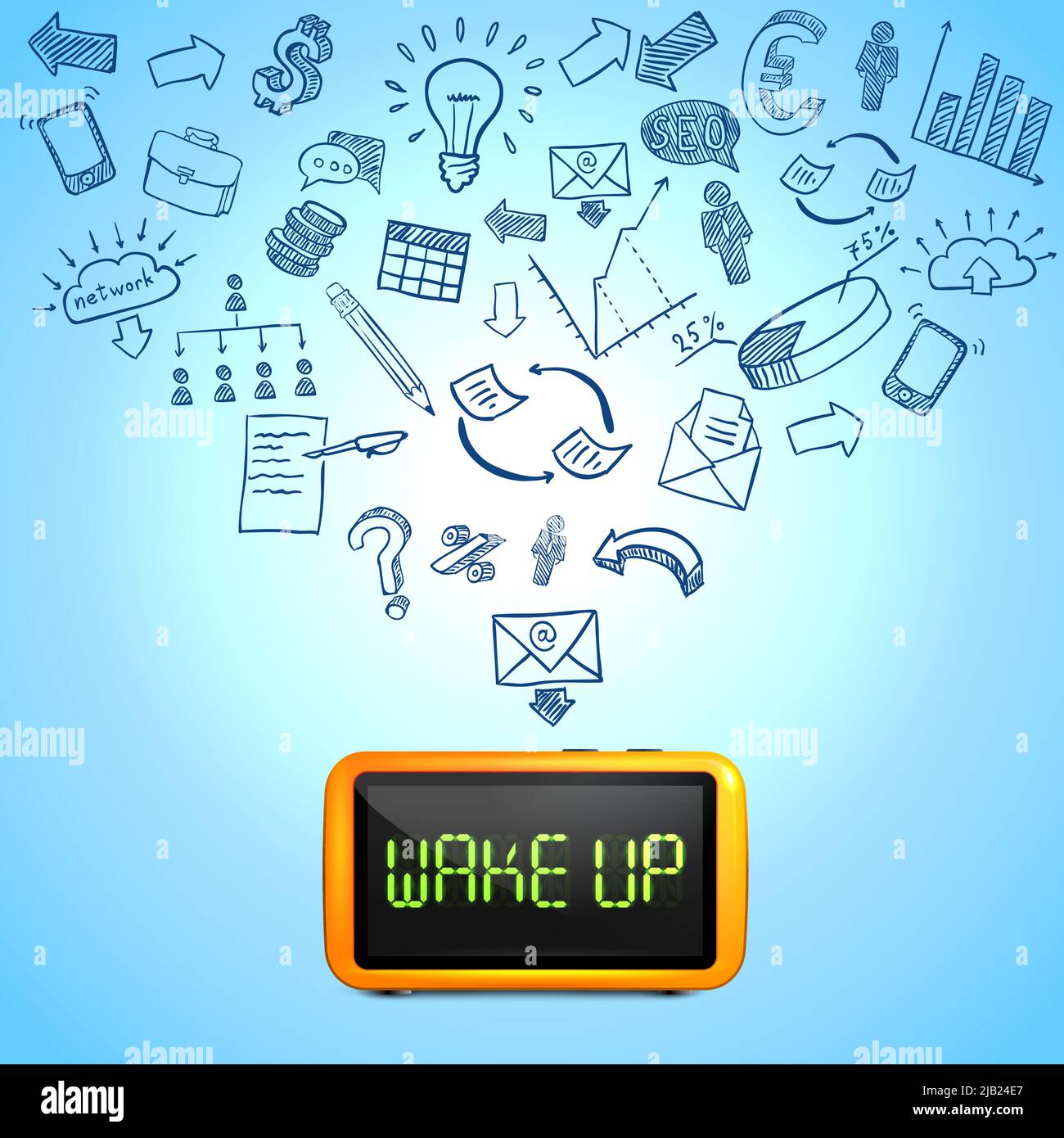 Business morning composition with 3d clock hand drawn icons of work ...