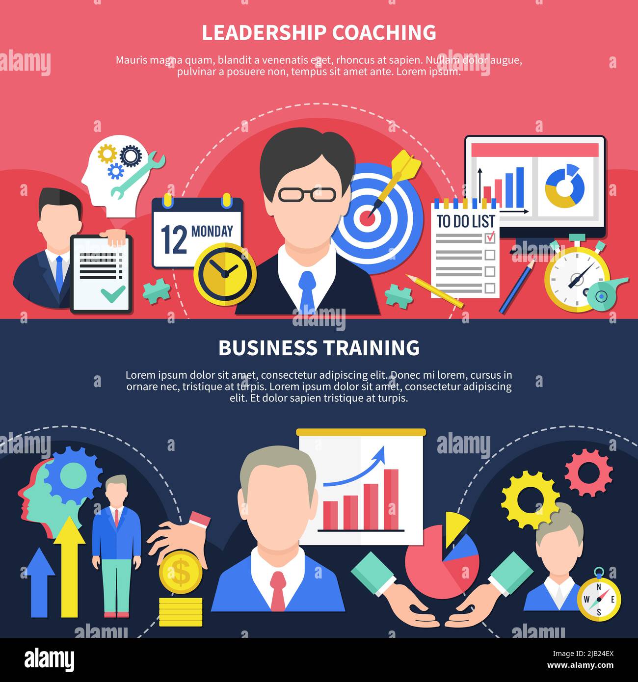 Business training horizontal banners set with leadership coaching ...