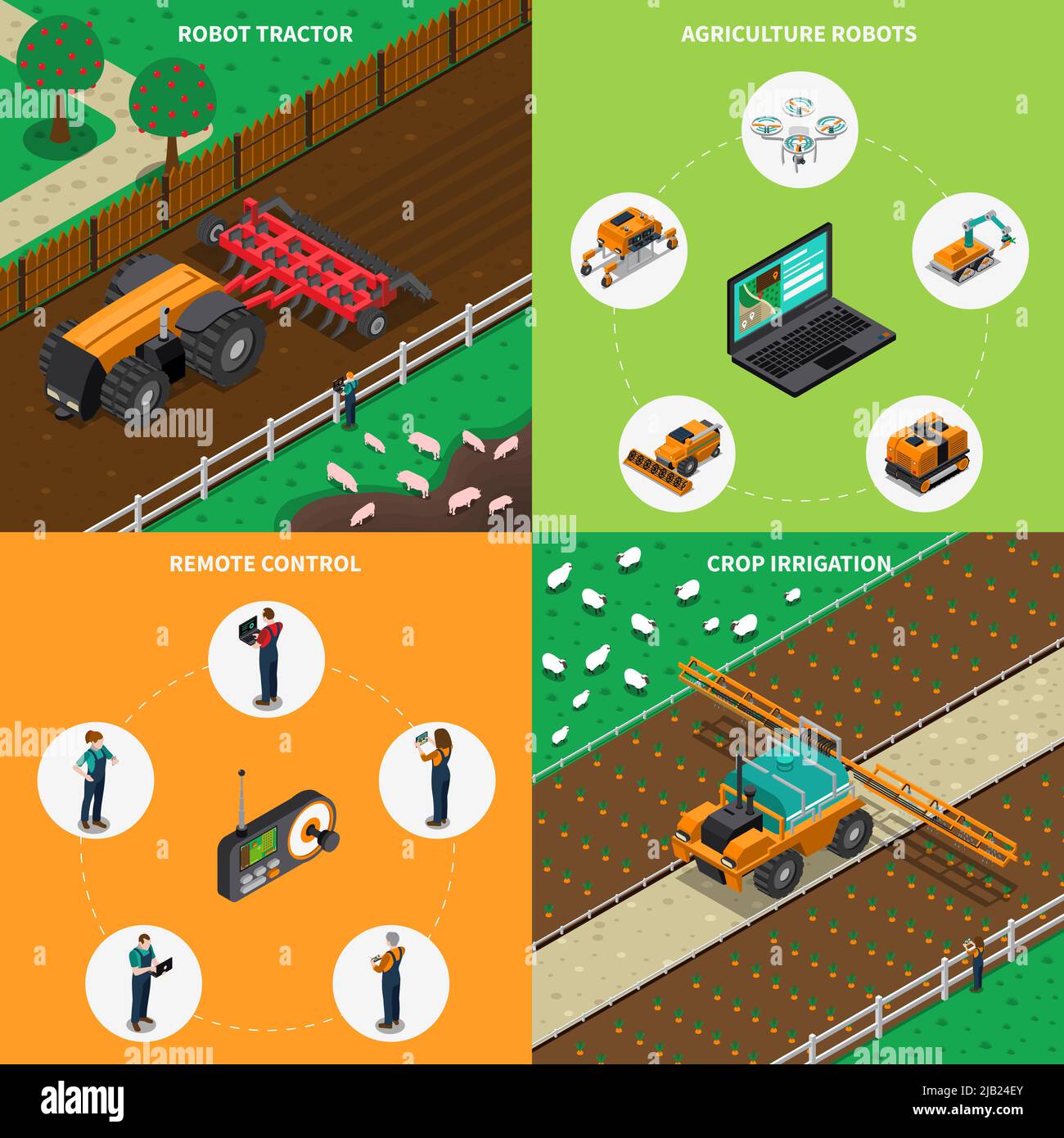 Agriculture robot modern technology isometric 2x2 design concept with ...