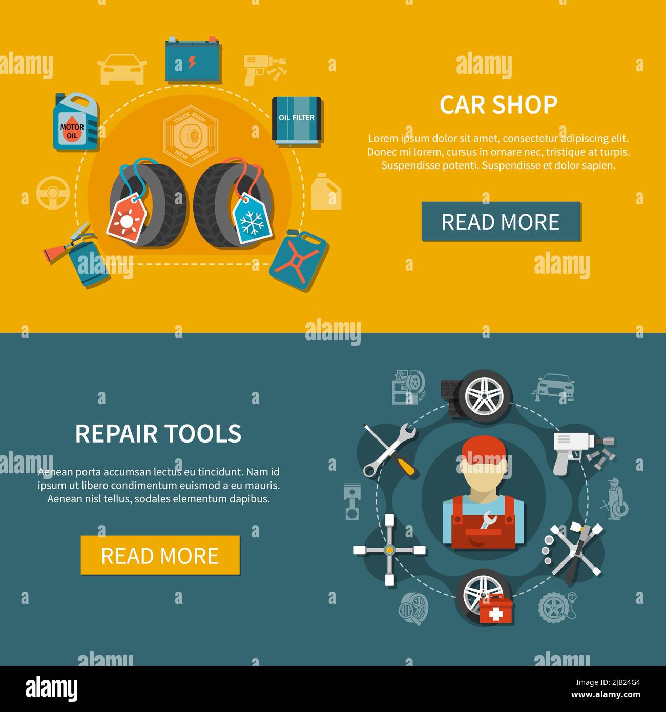 Flat design set of horizontal banners with car shop items and various ...