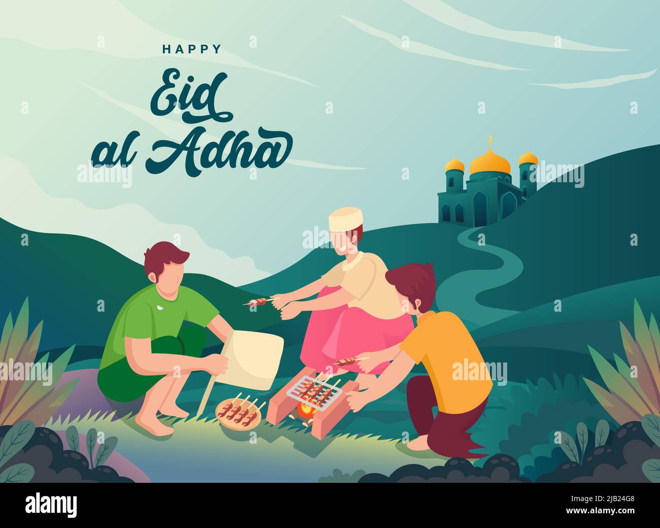 Happy Eid al-Adha mubarak with muslim people cooking homemade Lamb ...