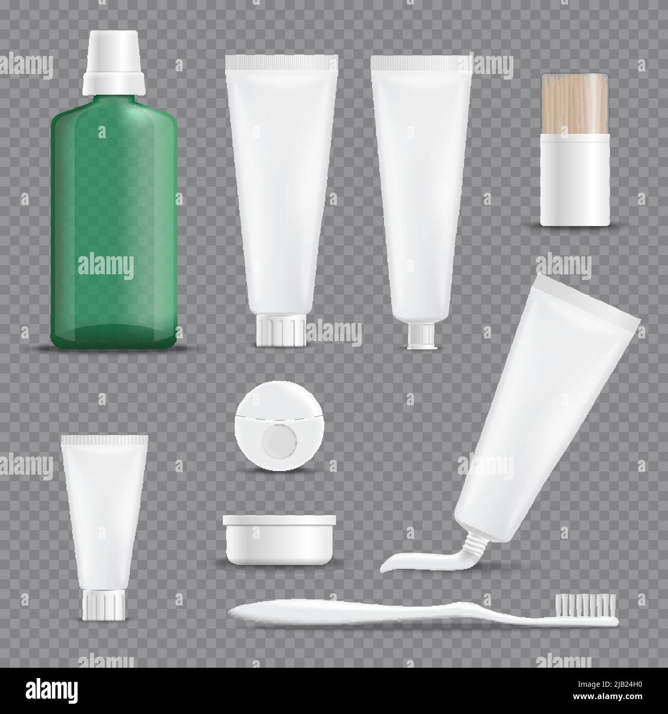Set of realistic dentifrices with floss, toothpicks, rinse, toothbrush ...