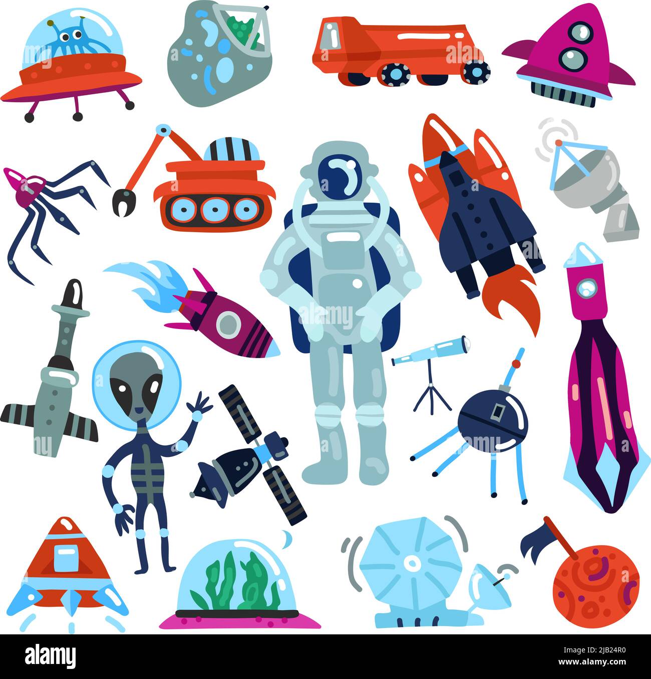 Flat colorful space icons set with spaceships aliens and astronaut ...