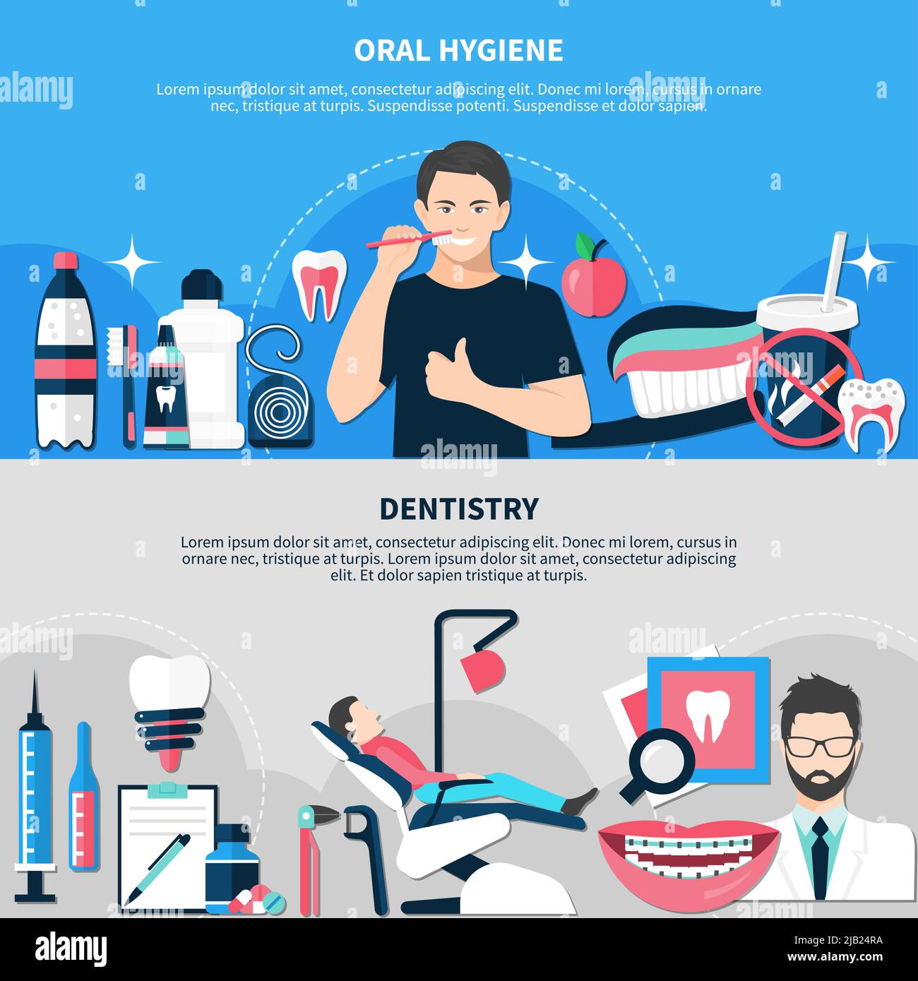 Oral hygiene and dentistry horizontal banners with dentist office equipment and tools flat icons ...