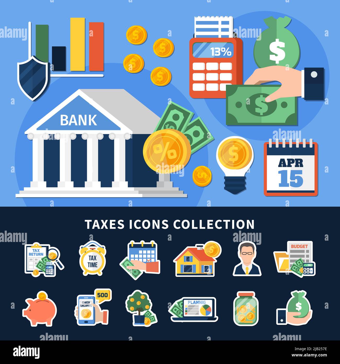 Taxes icons collection with budget planning, duty calculation, document ...