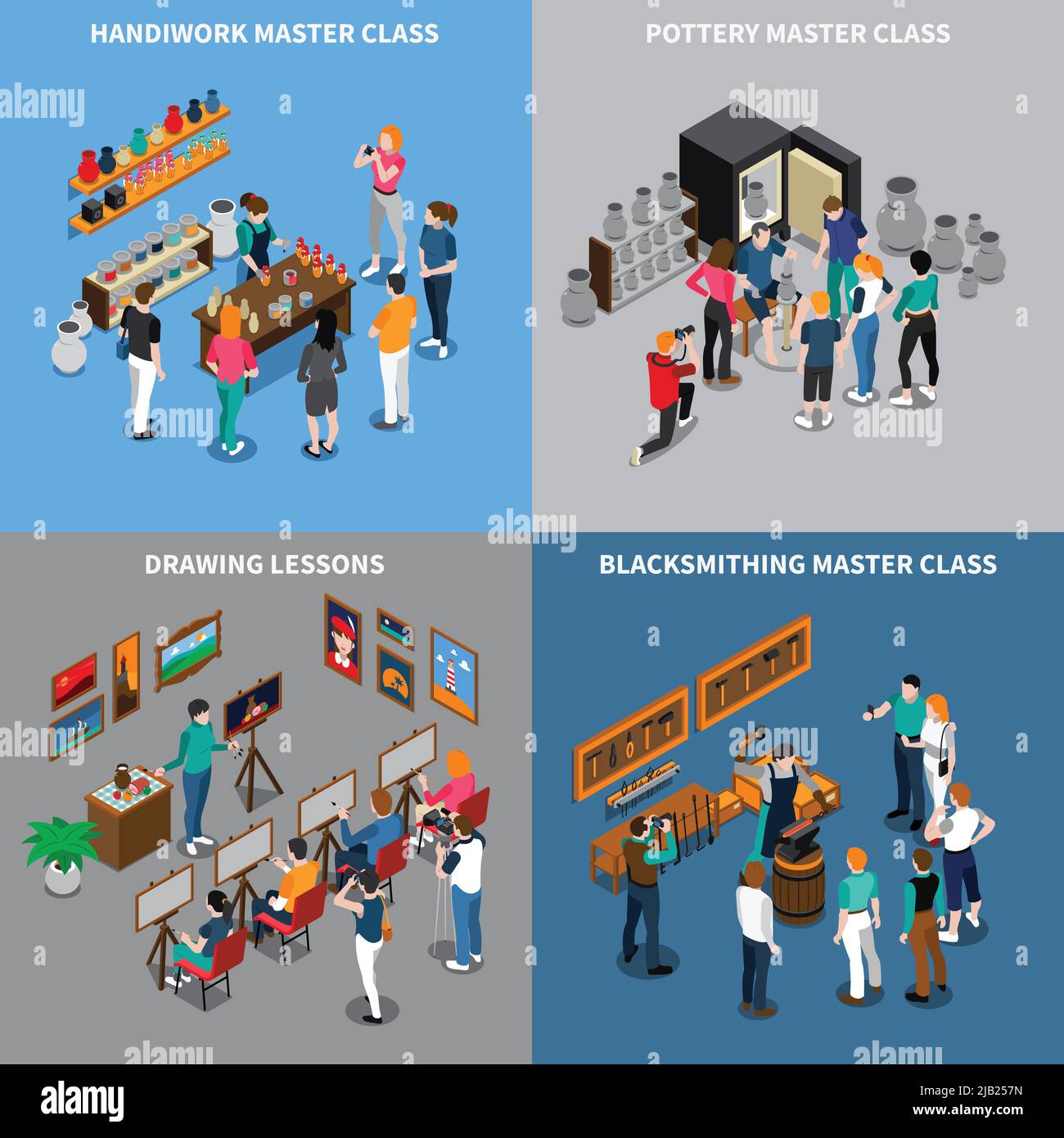 Isometric design concept with master class for handiwork, pottery and ...