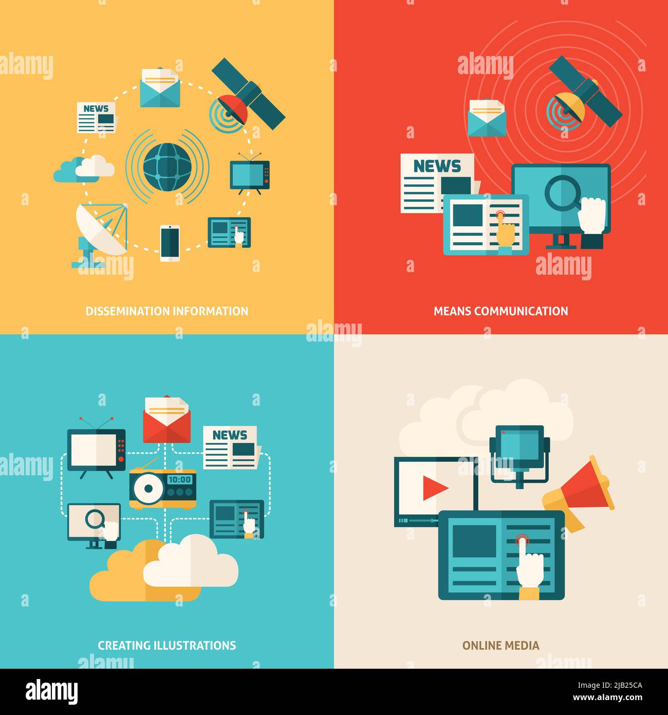 Media design concept set with social online information flat icons ...