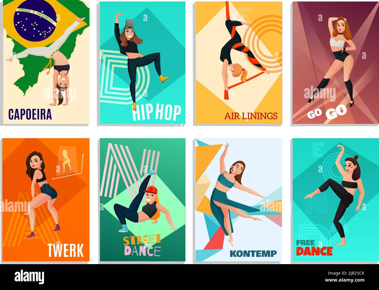 Set of vertical cards with modern dances including hip hop, go-go ...