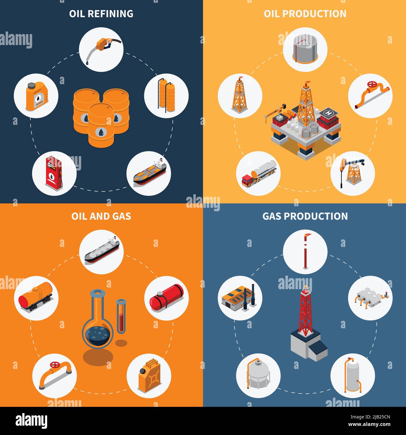 Isometric design concept with oil production and refining, gas ...