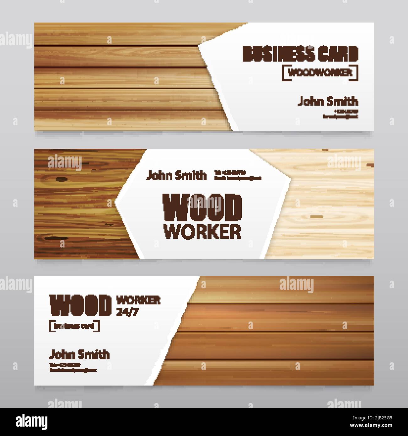 Set of three realistic horizontal wooden texture banners with images of ...