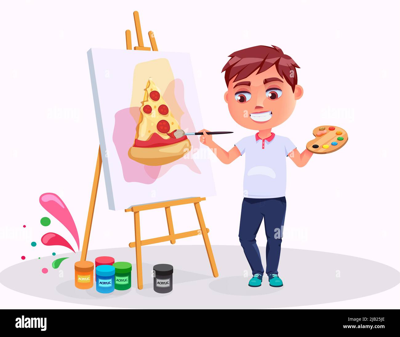 Boy artist vector character design. Male kid painting in easel and ...