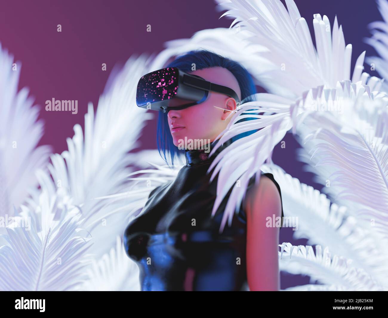 3D rendering of futuristic female in VR headset standing amidst white ...