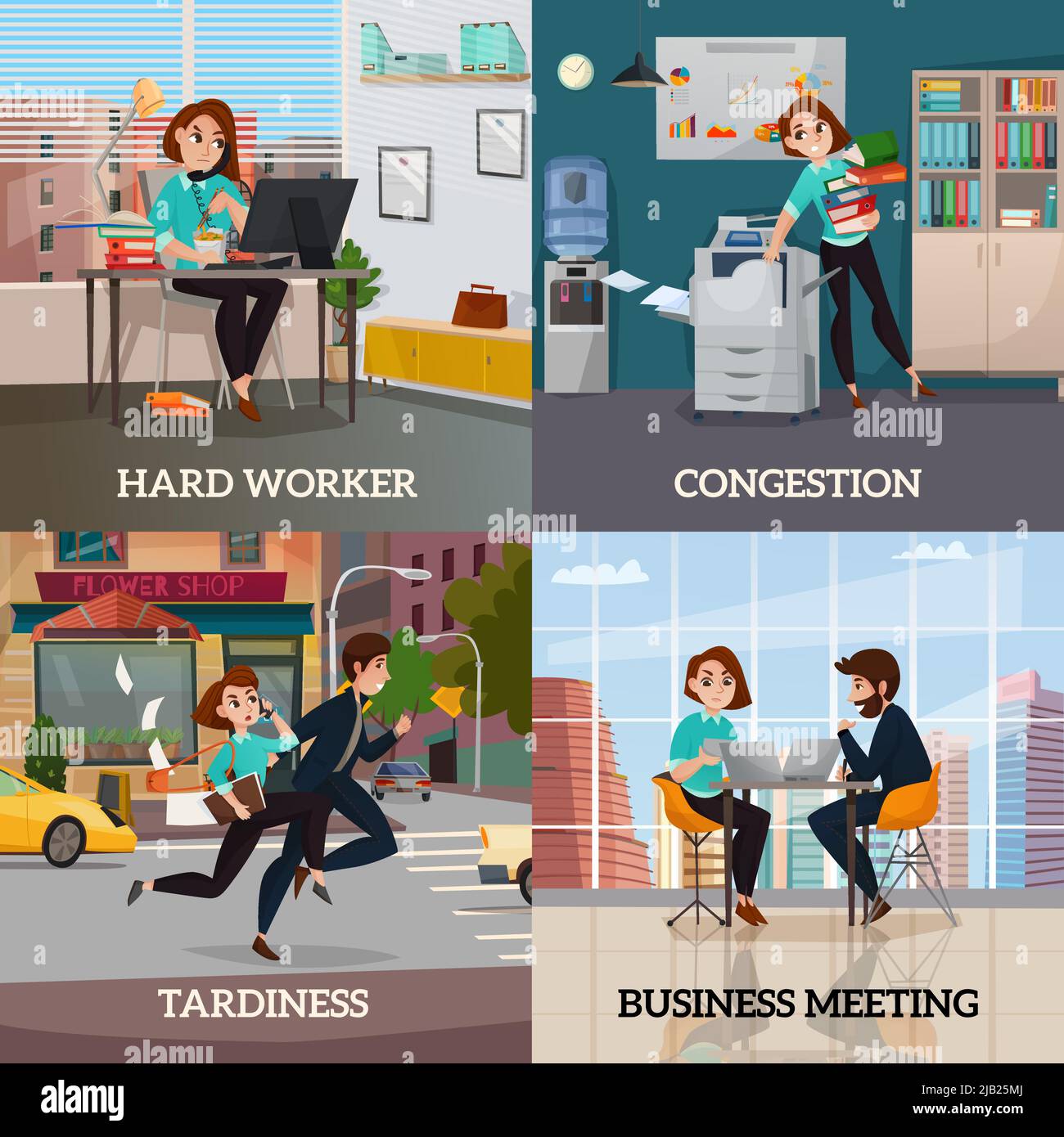 Multitasking 2x2 design concept set of business meeting hard worker ...