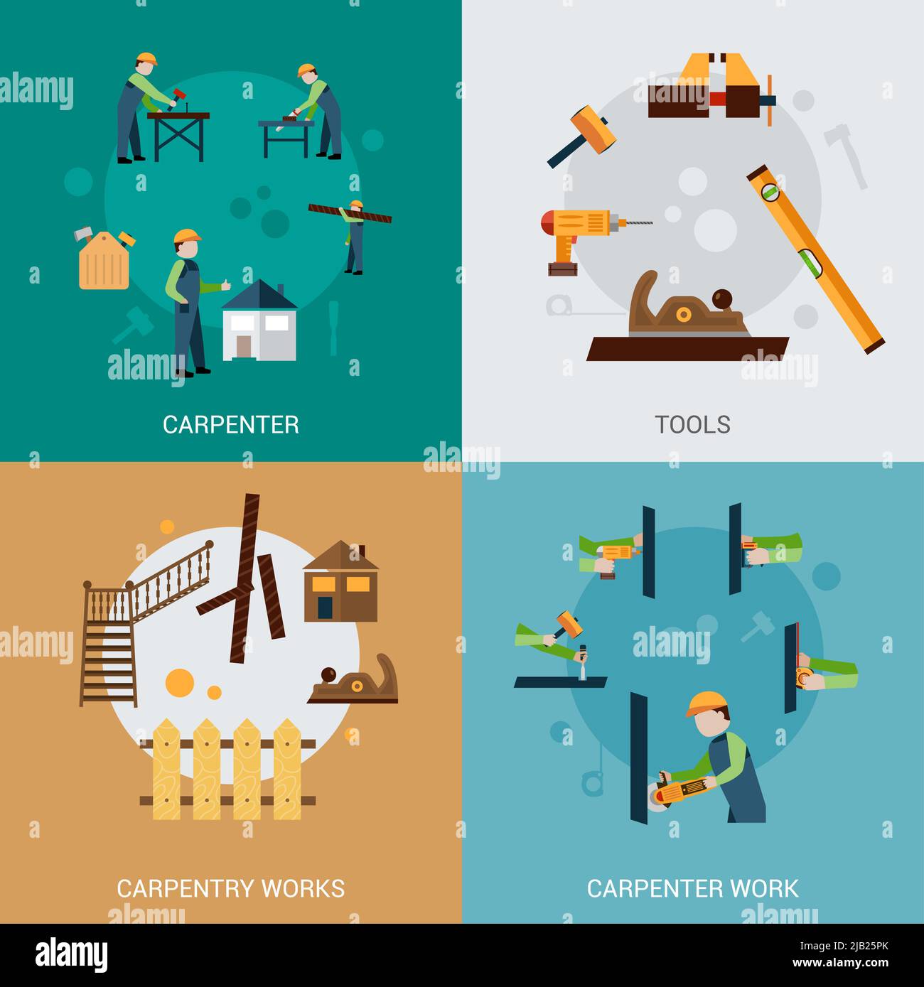 Carpentry work design concept set with carpenter tools flat icons ...