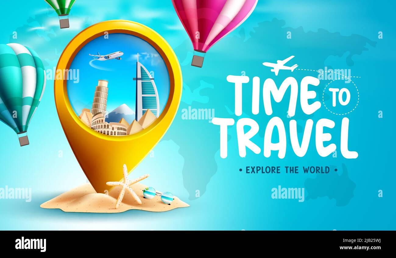 Travel time vector background design. Time to travel text with 3d gold ...