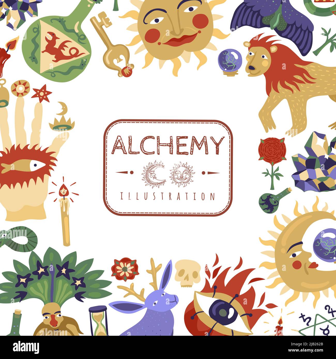 Doodle design frame with various magic alchemy symbols on white ...